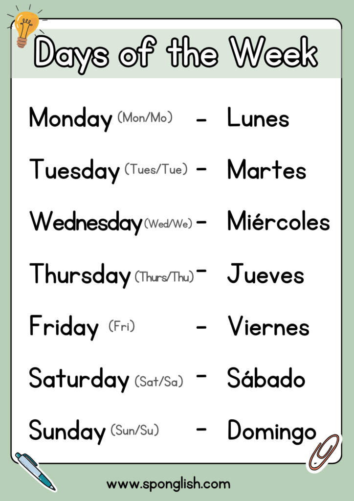 Ficha Días de la Semana en Inglés - SPONGLISH