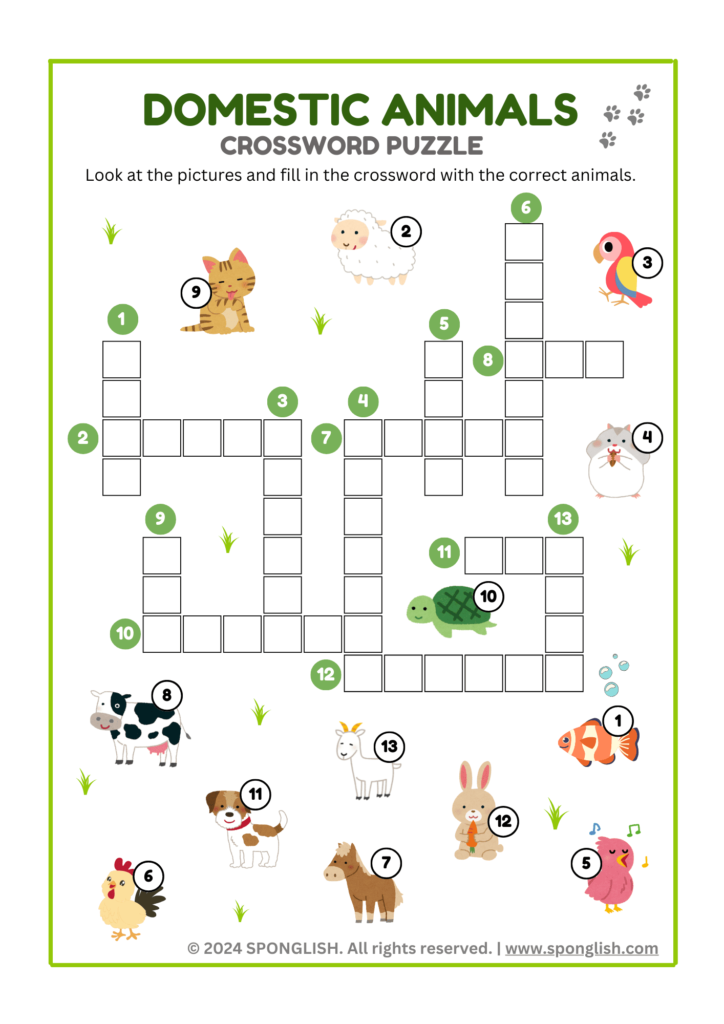 Domestic Animals - Crossword - SPONGLISH