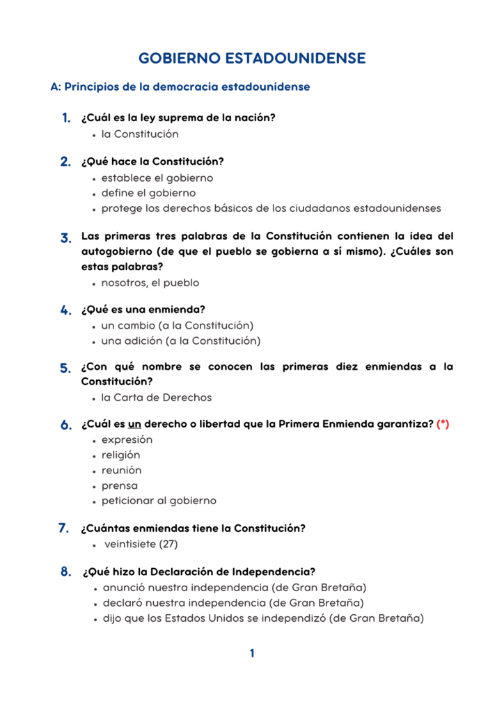 Preguntas Examen de Ciudadanía Americana - PDF Español - SPONGLISH