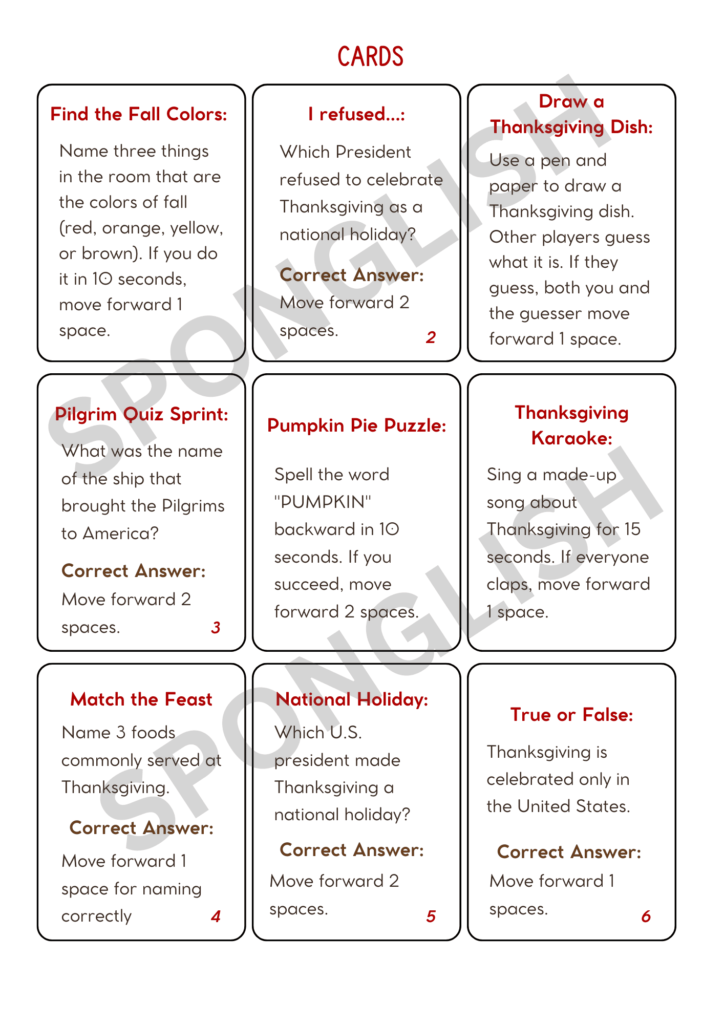 Thanksgiving Board Game - Printable Edition - SPONGLISH