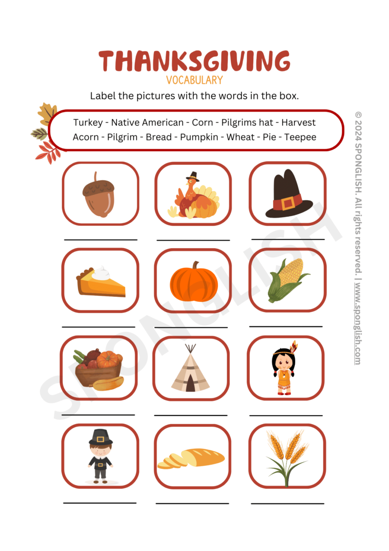 Thanksgiving Vocabulary Worksheet - SPONGLISH