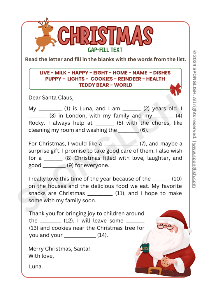 Christmas Worksheet Reading Comprehension - Carta a Santa - SPONGLISH