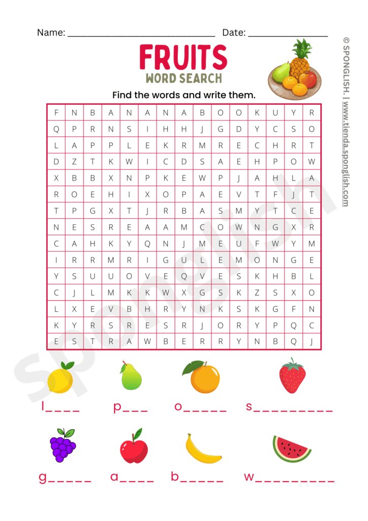 Fruits - Word Search (Frutas en inglés) - SPONGLISH