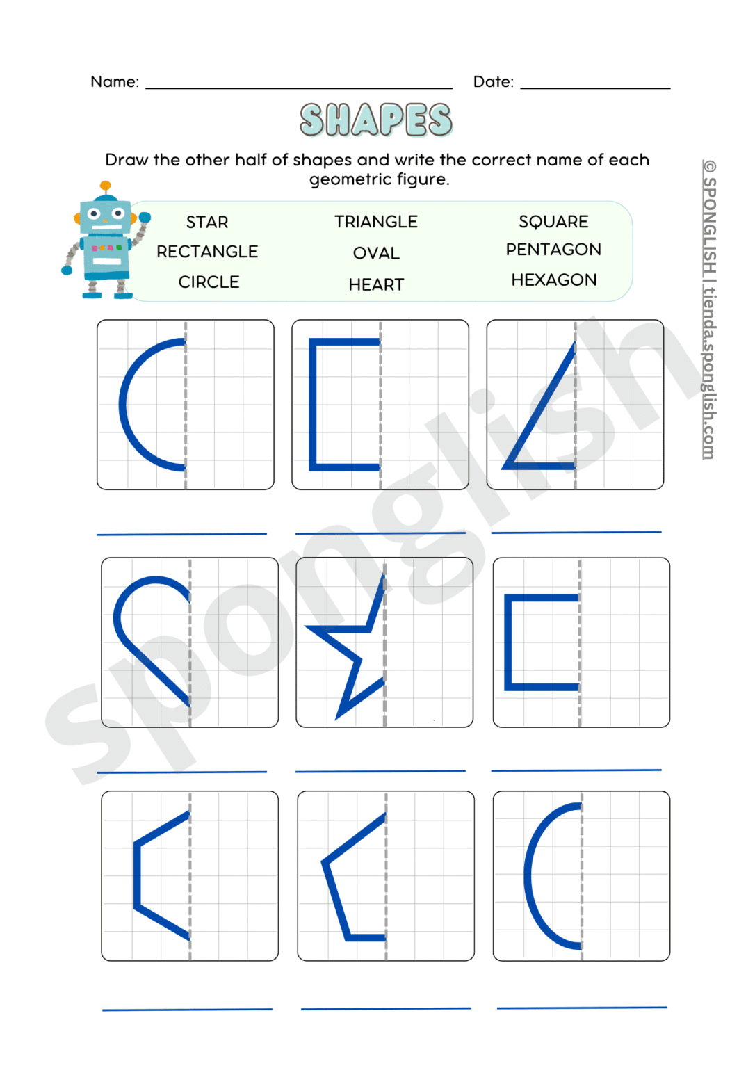 Draw the Other Half – Shapes Worksheet - SPONGLISH