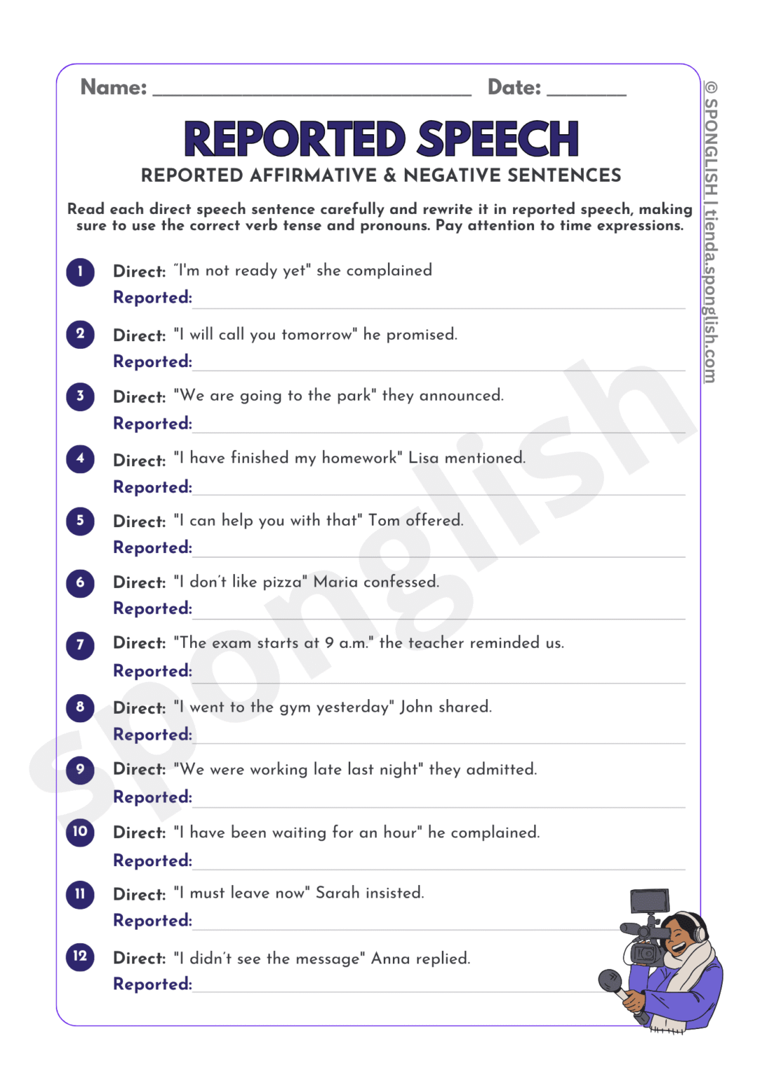 Reported Speech - Worksheet - SPONGLISH
