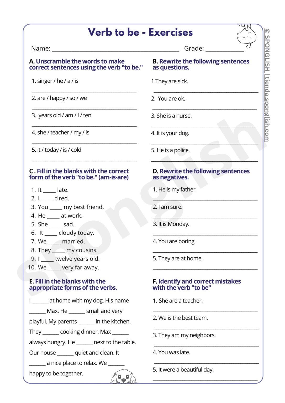 Ficha Verbo to be - Ejercicios Presente Simple - SPONGLISH