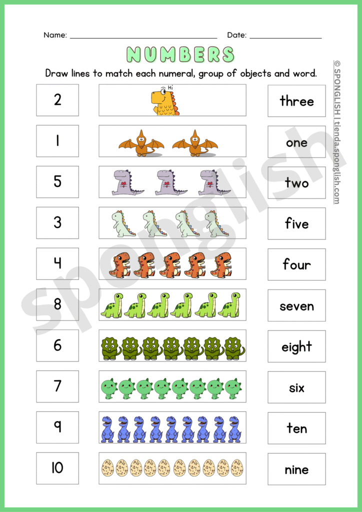 English Numbers 1–10 with Dinosaurs – Matching Worksheet - SPONGLISH