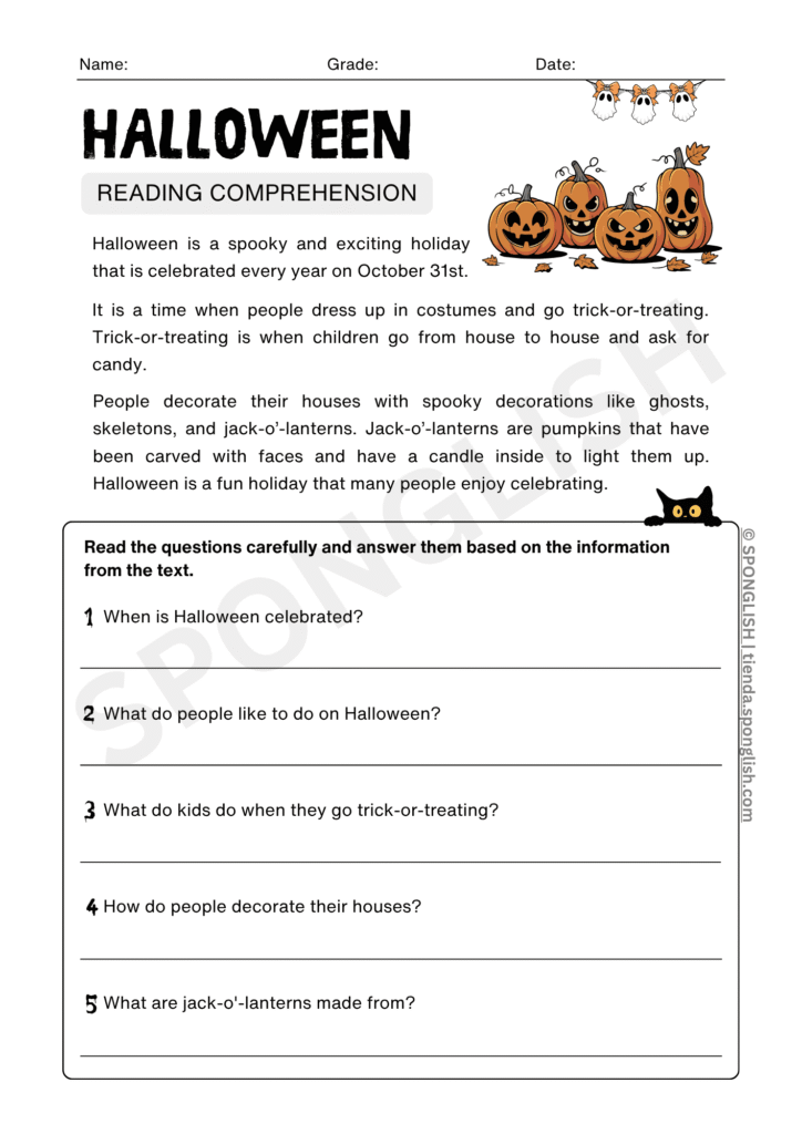Halloween Reading Comprehension - SPONGLISH
