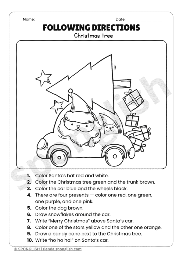 Following Directions – Christmas Worksheet - SPONGLISH