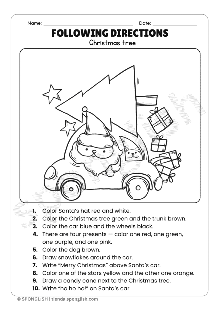 Following Directions – Christmas Worksheet - SPONGLISH