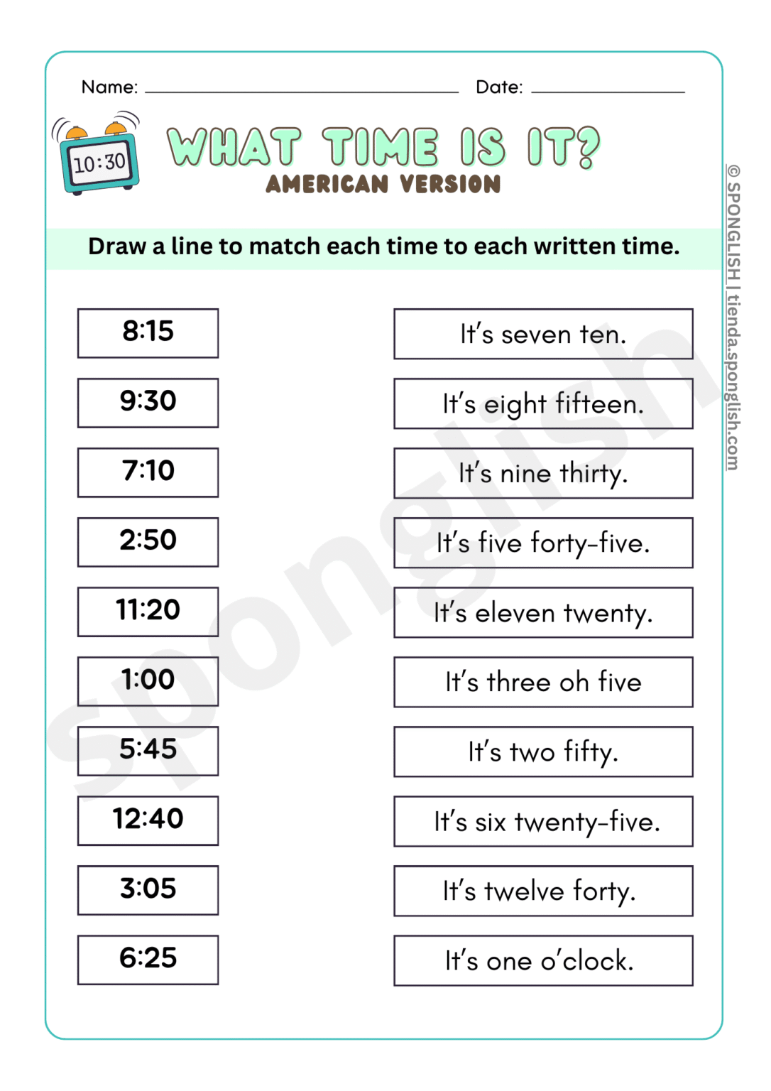 What time is it? Worksheet - American Version - SPONGLISH