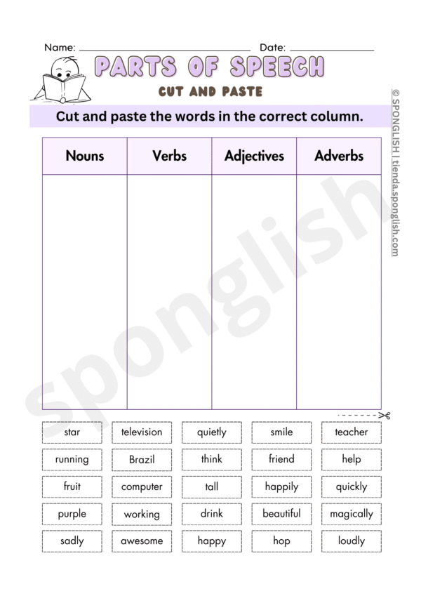 Parts of Speech worksheet - cut and paste - SPONGLISH