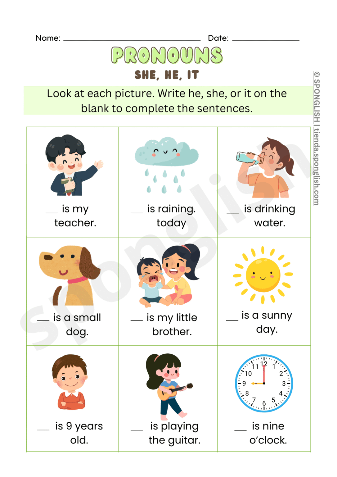 Pronouns activity (she - he - it) - SPONGLISH