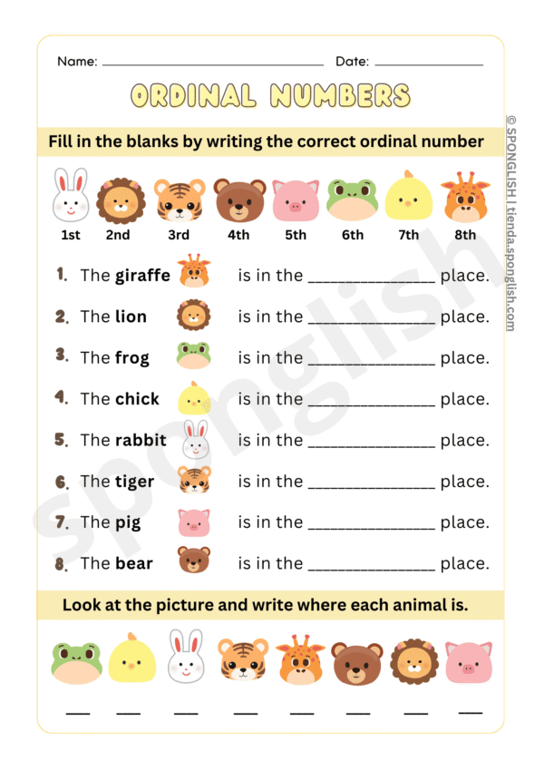 Ordinal Numbers - Positions practice (worksheet) - SPONGLISH