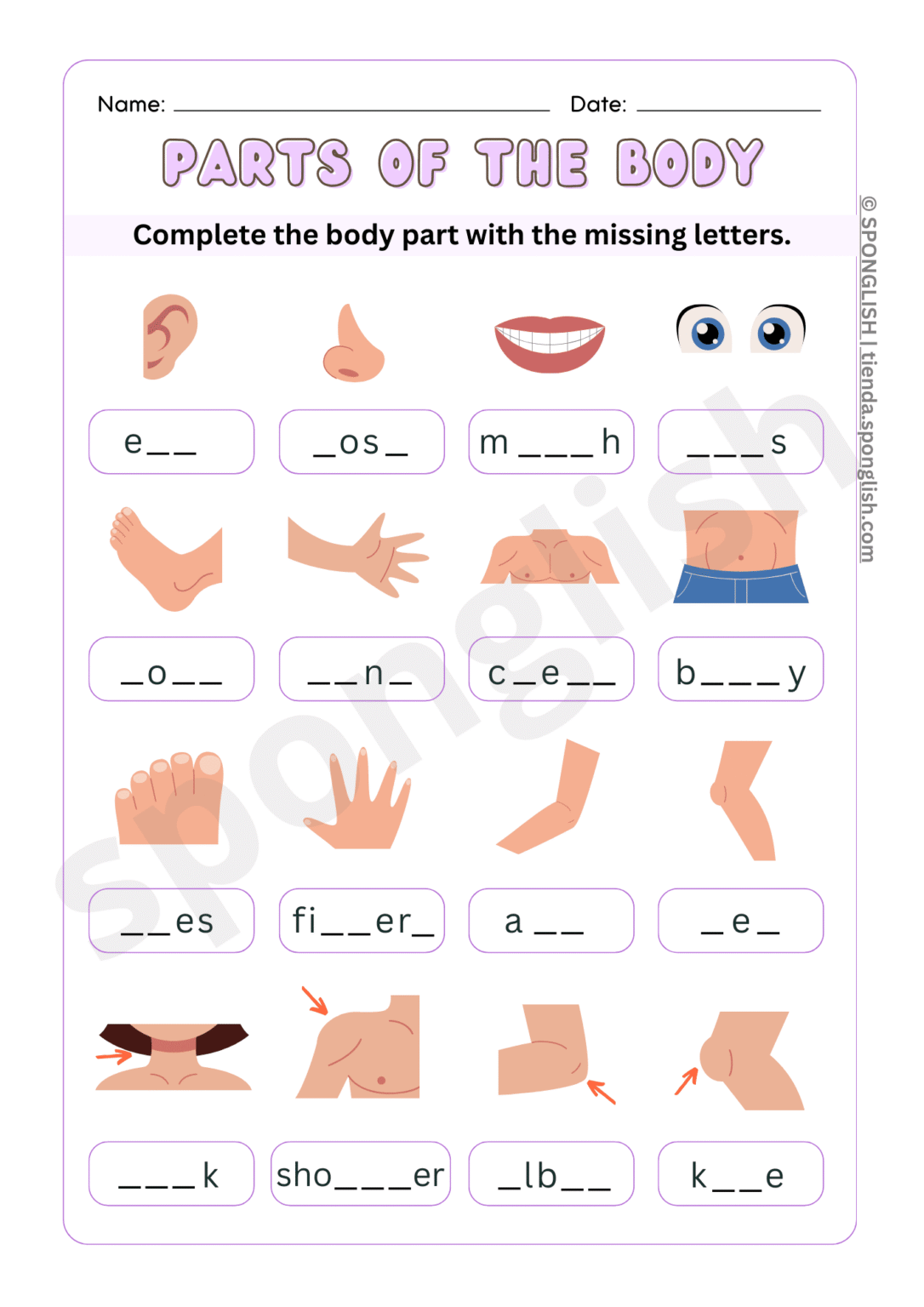 Parts of the body - Missing Letters worksheet - SPONGLISH