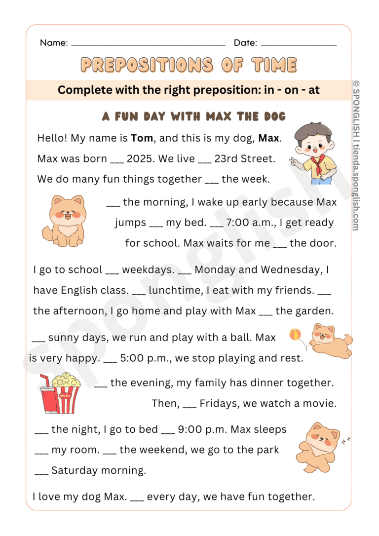 Prepositions of Time – In / On / At (Reading Activity) - SPONGLISH