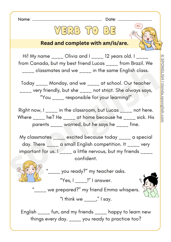 Verb to be - Reading comprehension worksheet - SPONGLISH