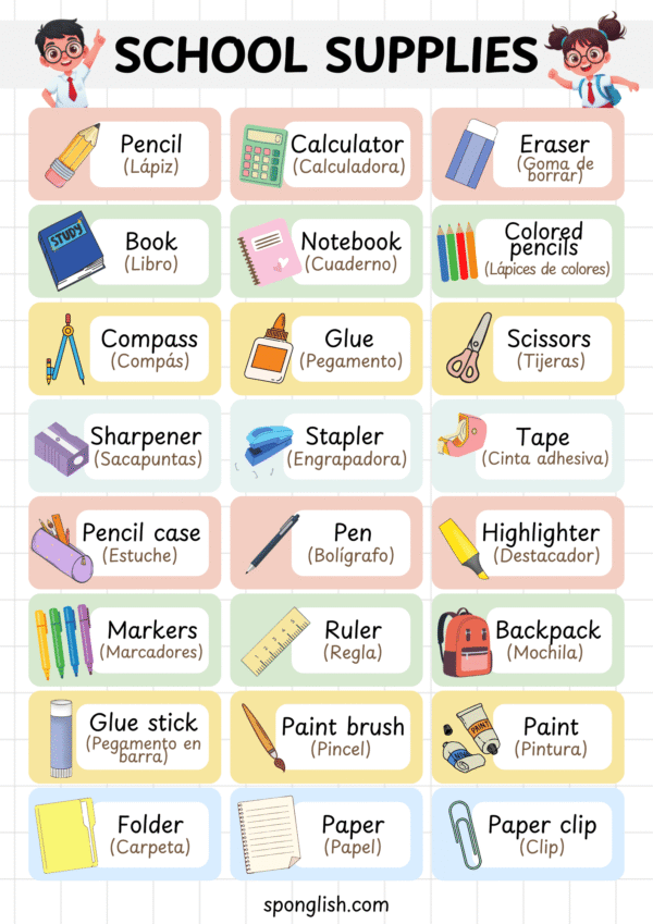 Útiles escolares en inglés (School Supplies Vocabulary) - SPONGLISH