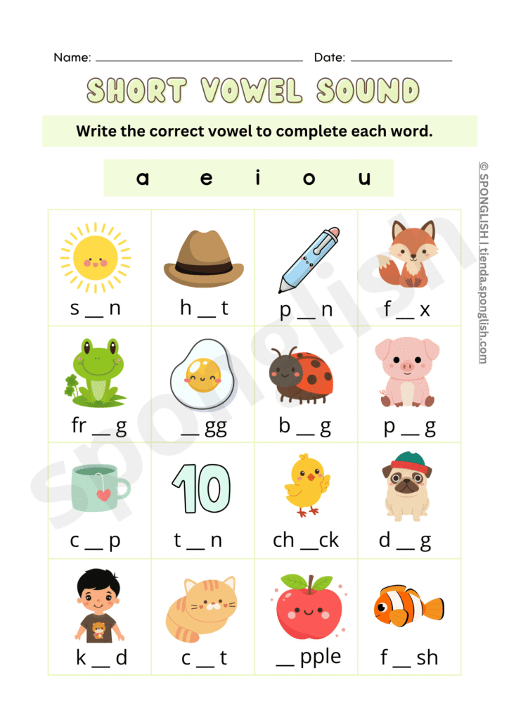Short Vowel Sounds Worksheet – Phonics PDF Vocales en Inglés - SPONGLISH